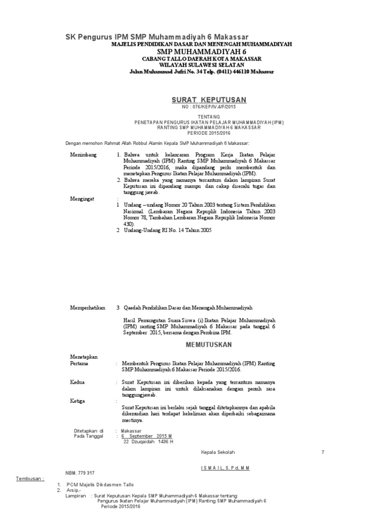 SK Pengurus IPM SMP Muhammadiyah 6 | PDF