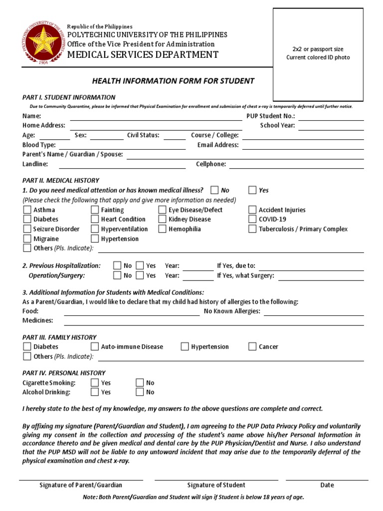 Medical Services Department: Health Information Form For Student | PDF ...