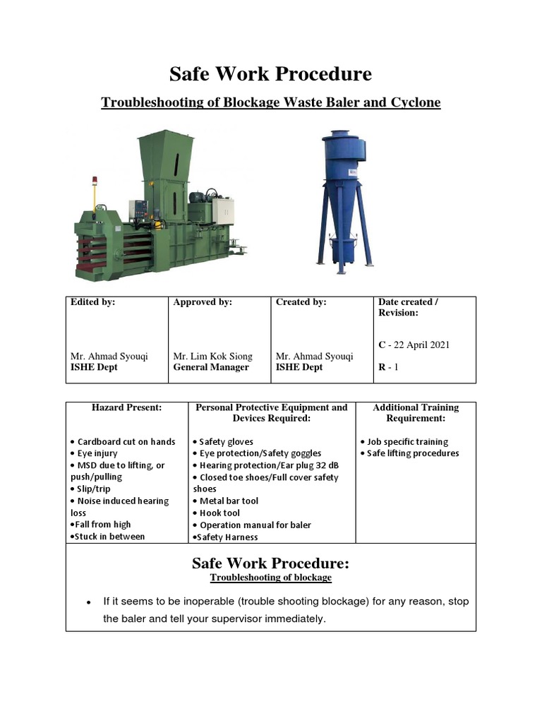 Safe Work Procedure: Troubleshooting of Blockage Waste Baler and ...