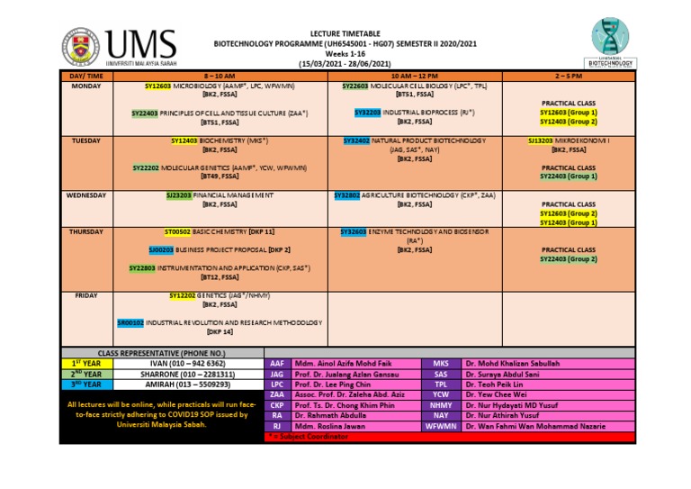 2021 - Lecture Timetable Sem 2 2020-2021 | PDF | Life Sciences | Biology