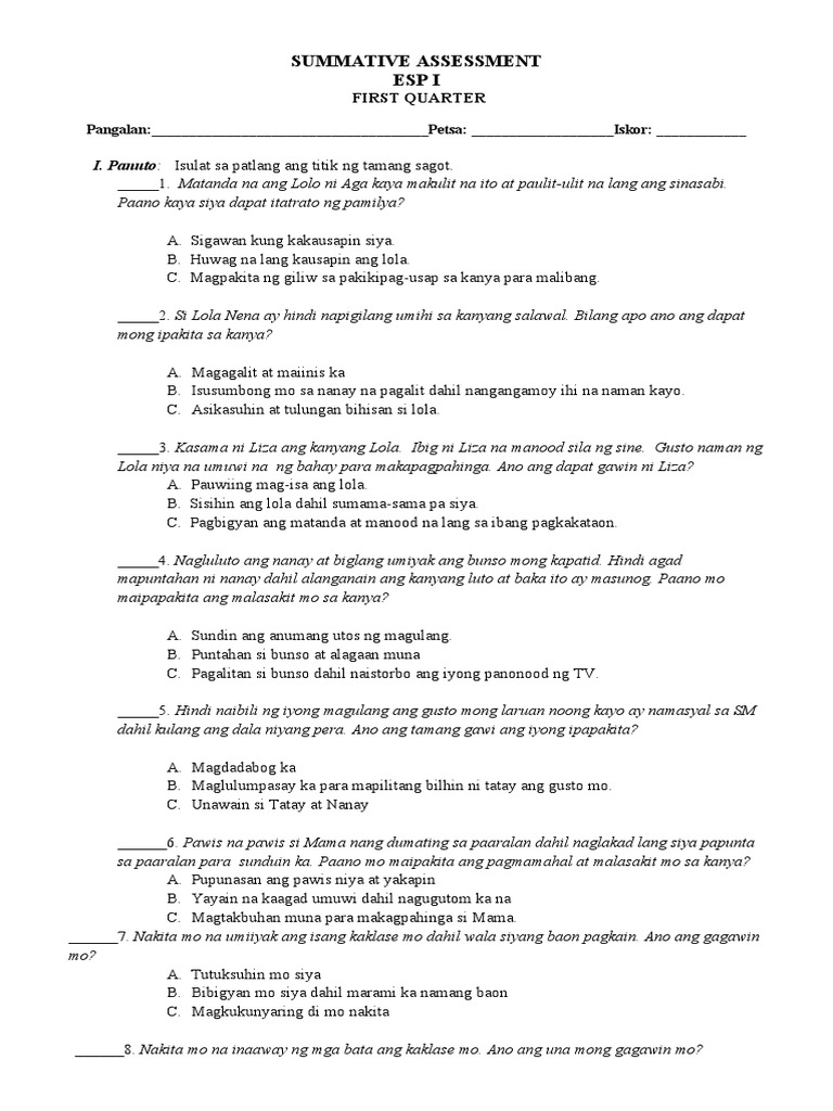 4th Week Summative For Grade 1 | PDF