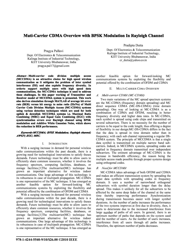 Muti-Carrier CDMA Overview With BPSK Modulation in Rayleigh Channel | PDF