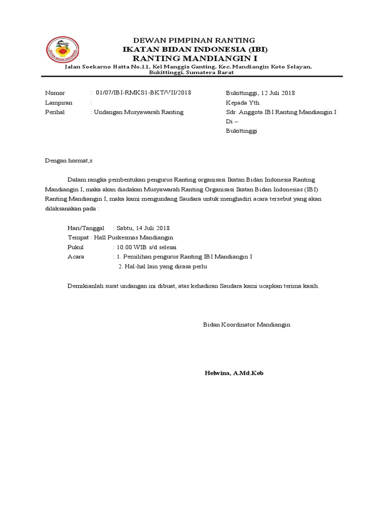 Dewan Pimpinan Ranting Ibi Surat Undangan | PDF | Bisnis | Hukum