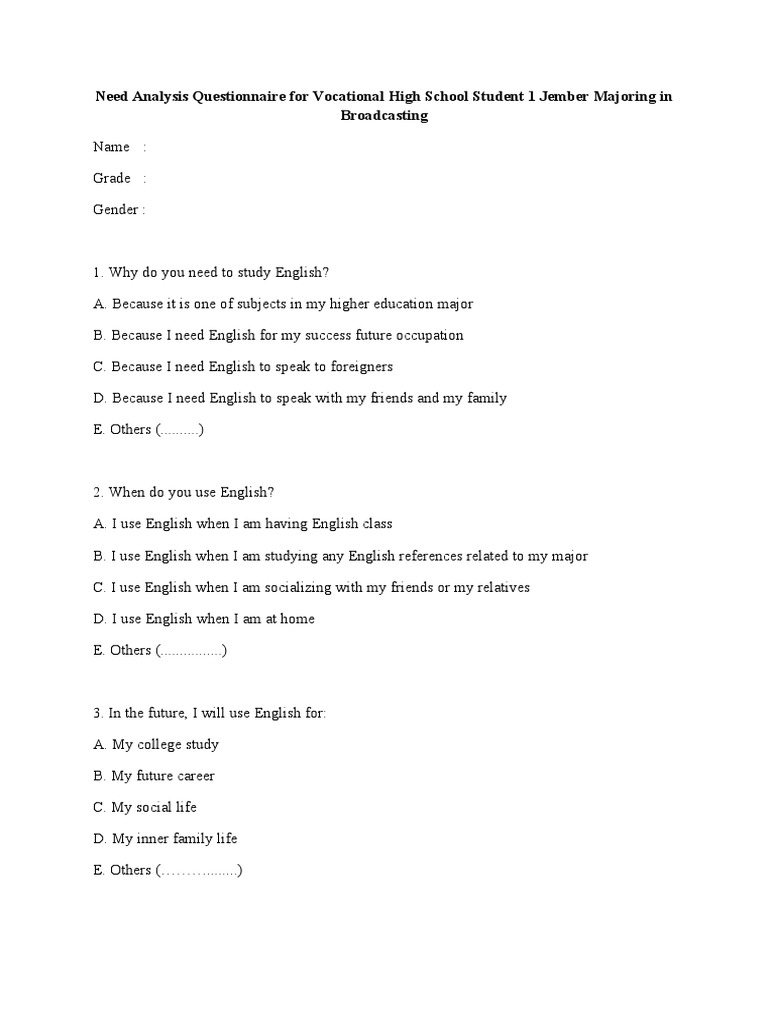 Need Analysis Questionnaire | PDF | English Language | Learning