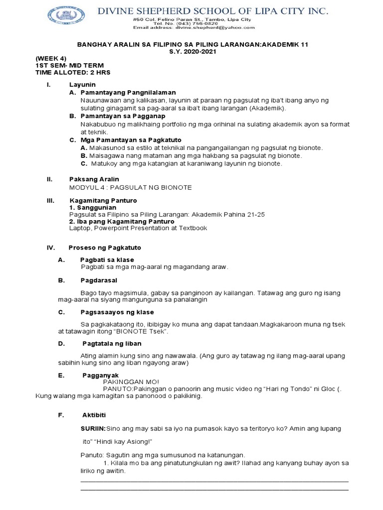 Lesson Plan Filipino (Week 4) 1st Sem Mid Term S.Y 2020-2021 | PDF