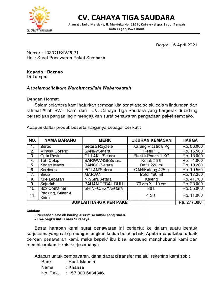 Surat Penawaran Paket Sembako | PDF