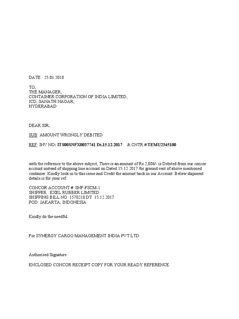 Concor Letter - For Amount Wronglt Debit | PDF