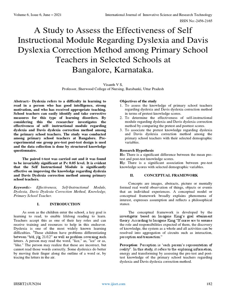 A Study To Assess The Effectiveness of Self Instructional Module Regarding Dyslexia and Davis ...