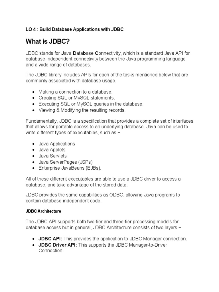 LO 4 Build Database Applications With JDBC | PDF | Parameter (Computer Programming) | Databases