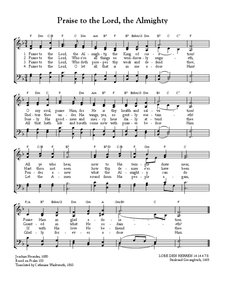 Praise To The Lord, The Almighty Hymn Sheet | PDF | Church Music ...