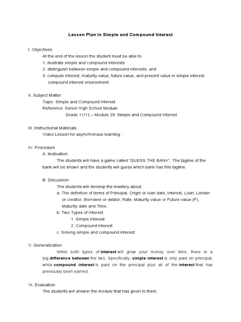 LESSON PLAN Simple and Compound Interest | PDF