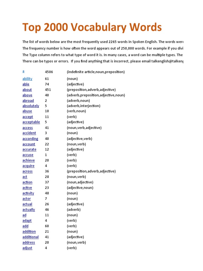 Top 2000 Vocabulary Words | PDF | Verb | Adjective