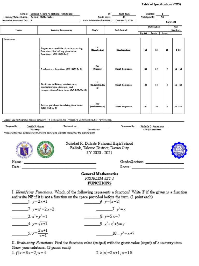 Representing Real-Life Situations Using Functions: A Table of ...