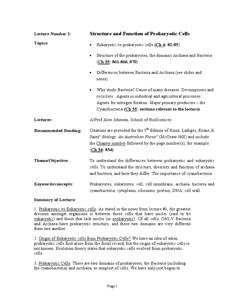 Structure And Function Of Prokaryotic Cells Lecture Number 2 Topics