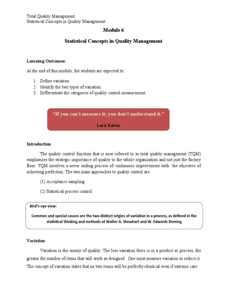 Module 6 STATISTICAL CONCEPTS OF QUALITY MANAGEMENT | PDF | Quality ...