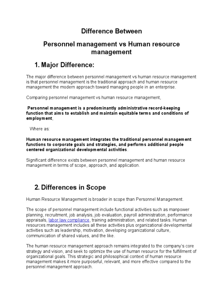 Difference Between Personnel Management Vs Human Resource Management 1 ...