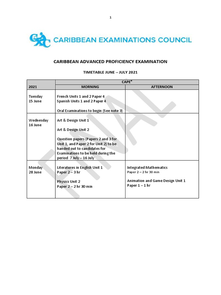 CAPE Exam Timetable June-July 2021 | PDF | Engineering | Test (Assessment)