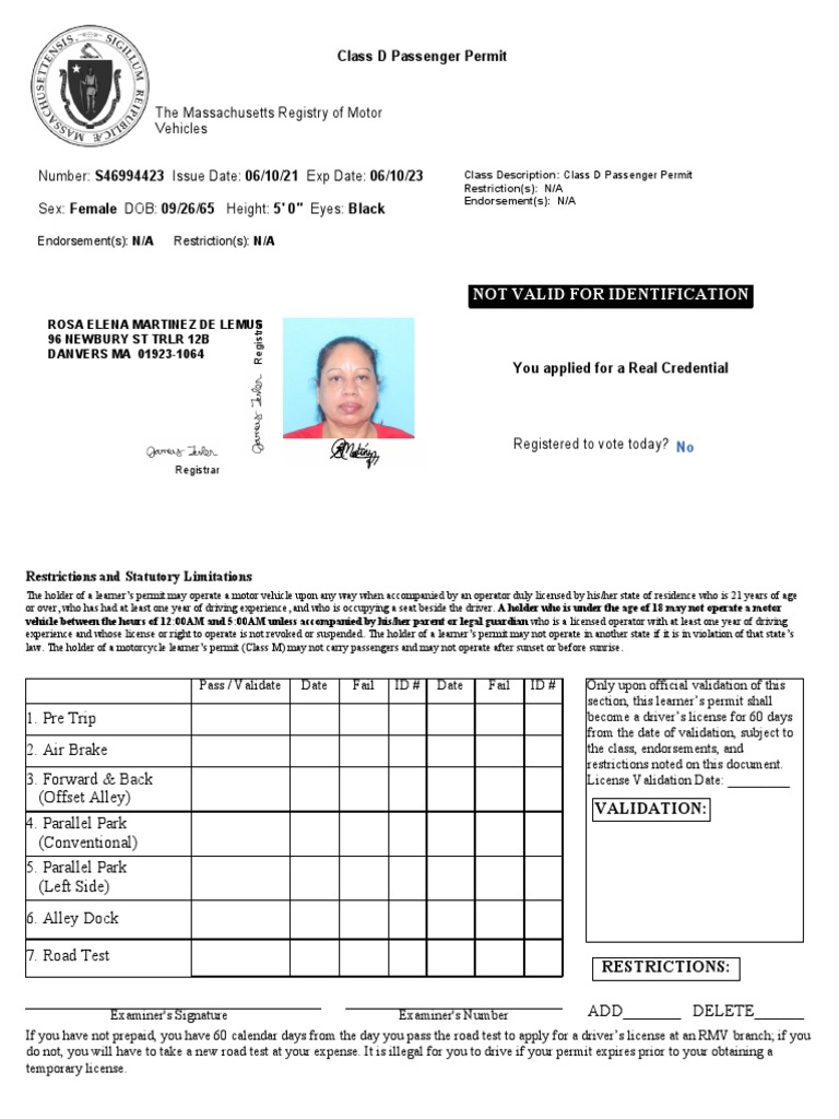 Not Valid For Identification: Class D Passenger Permit | PDF | Driver's ...