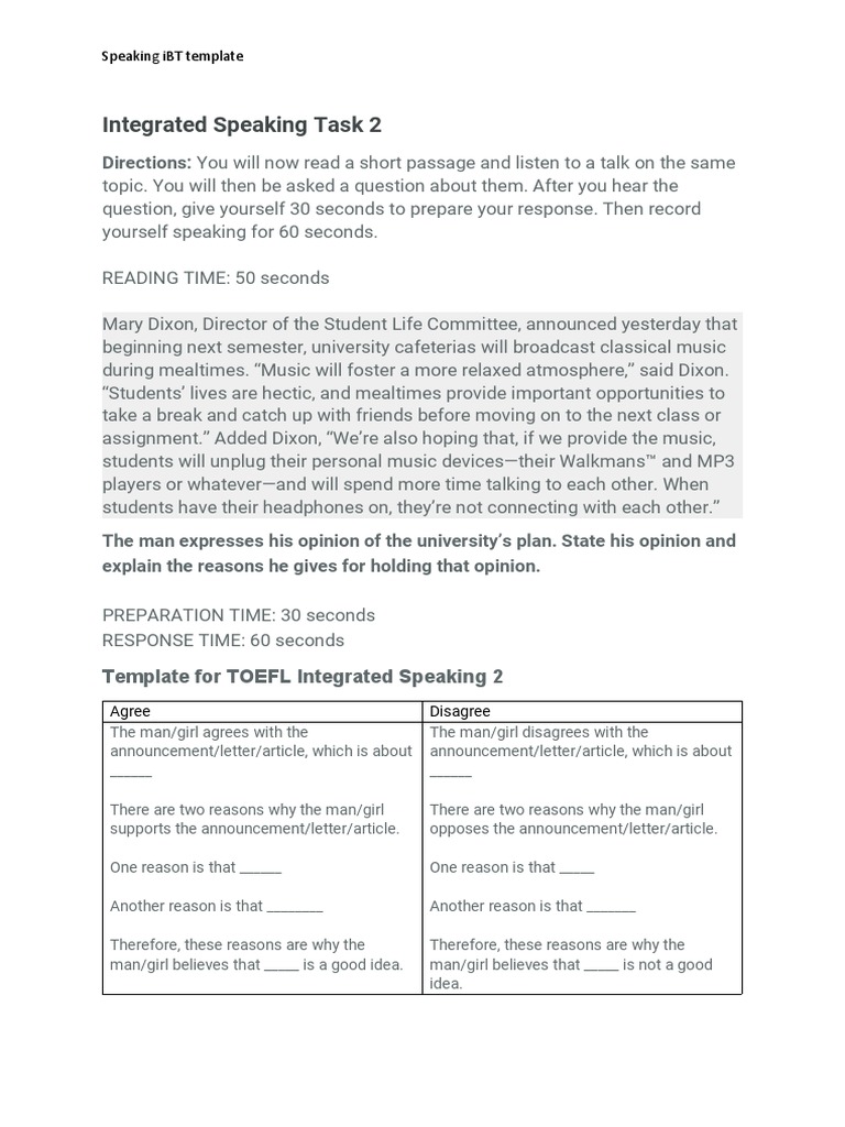 Integrated Speaking Task 2 - Template | PDF | Reason | Behavior
