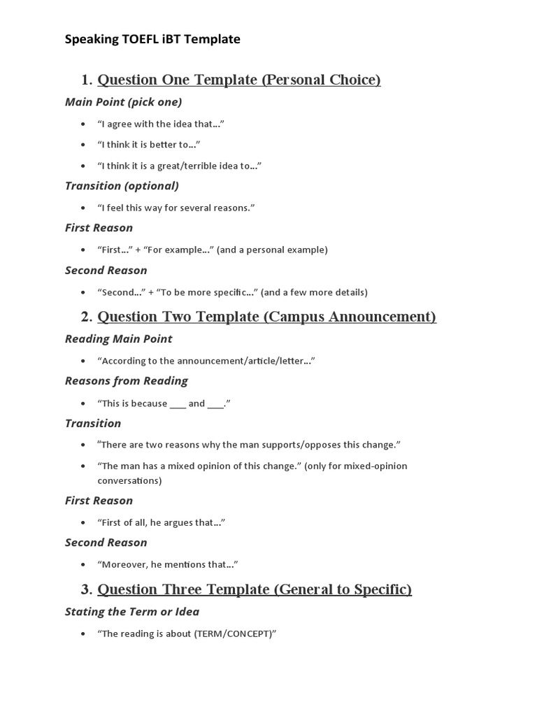 TOEFL iBT Speaking Templates | PDF