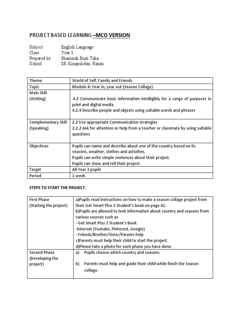 PBL English Year 3 Season Collage | PDF | Project Based Learning | Teachers