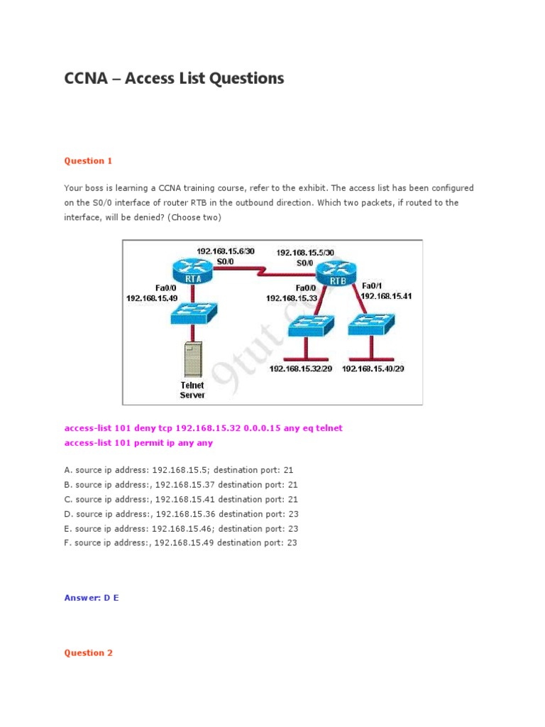 CCNA - Access List Questions | PDF | Ip Address | Router (Computing)