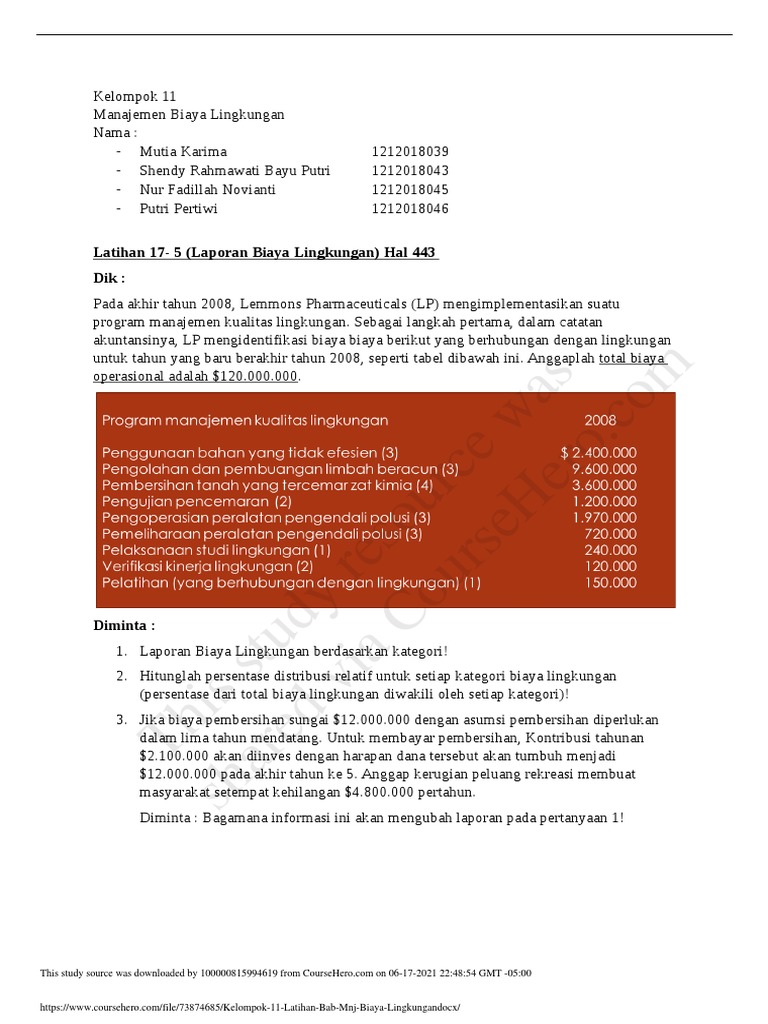 Kelompok 11 Latihan Bab Mnj. Biaya Lingkungan | PDF | Sains & Matematika