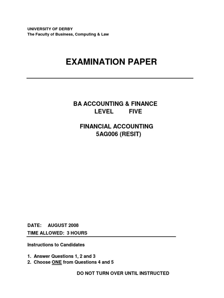 Examination Paper: Ba Accounting & Finance Level Five Financial ...