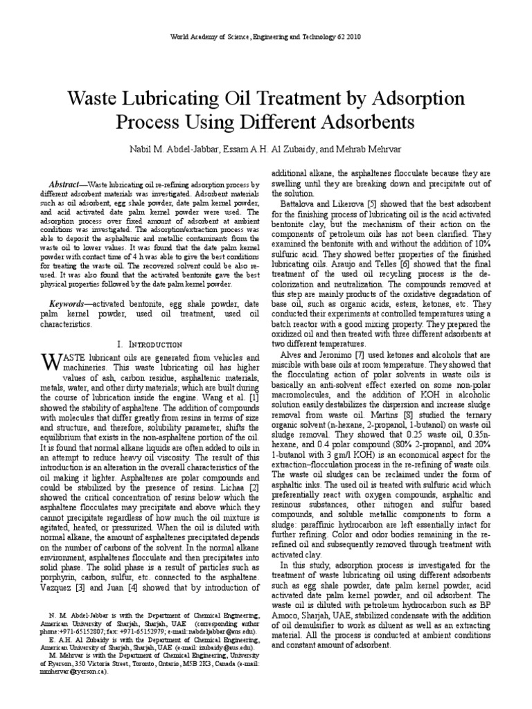 Waste Lubricating Oil Treatment by Adsorption Process Using Different ...
