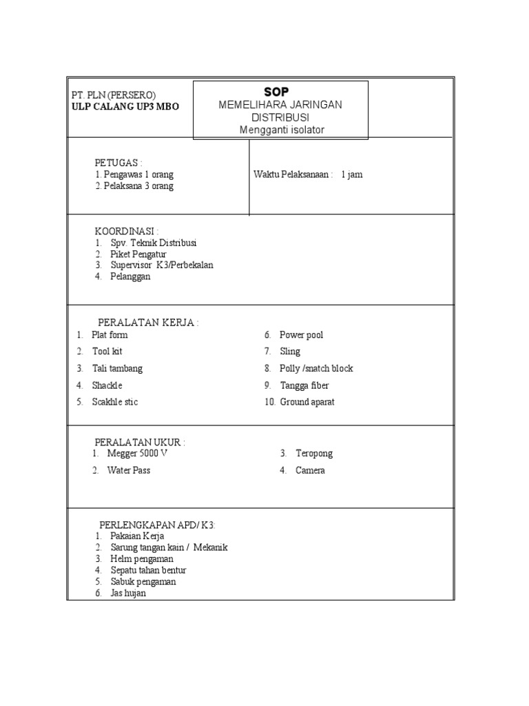 SOP - Mengganti Isolator Jaringan Listrik | PDF