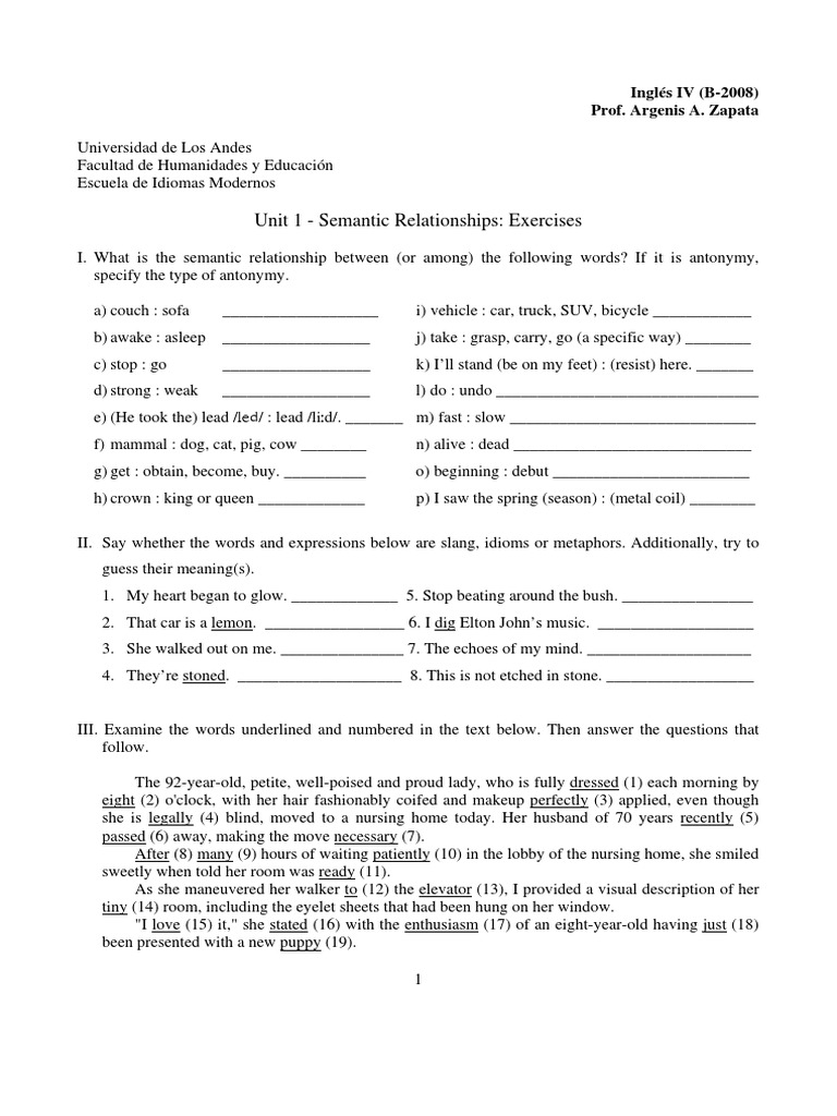 Unit 1 Semantic Relationships Exercises | PDF | Semantic Units | Lexicology
