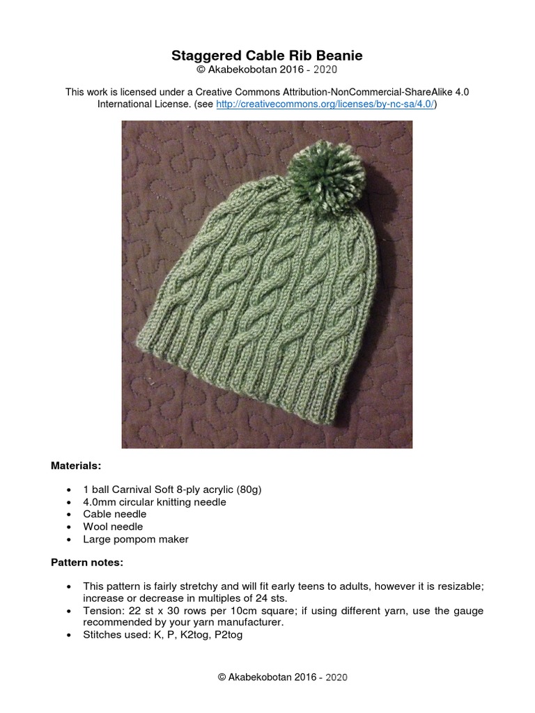 Staggered Cable Rib Beanie | PDF | Knitting | Handicrafts
