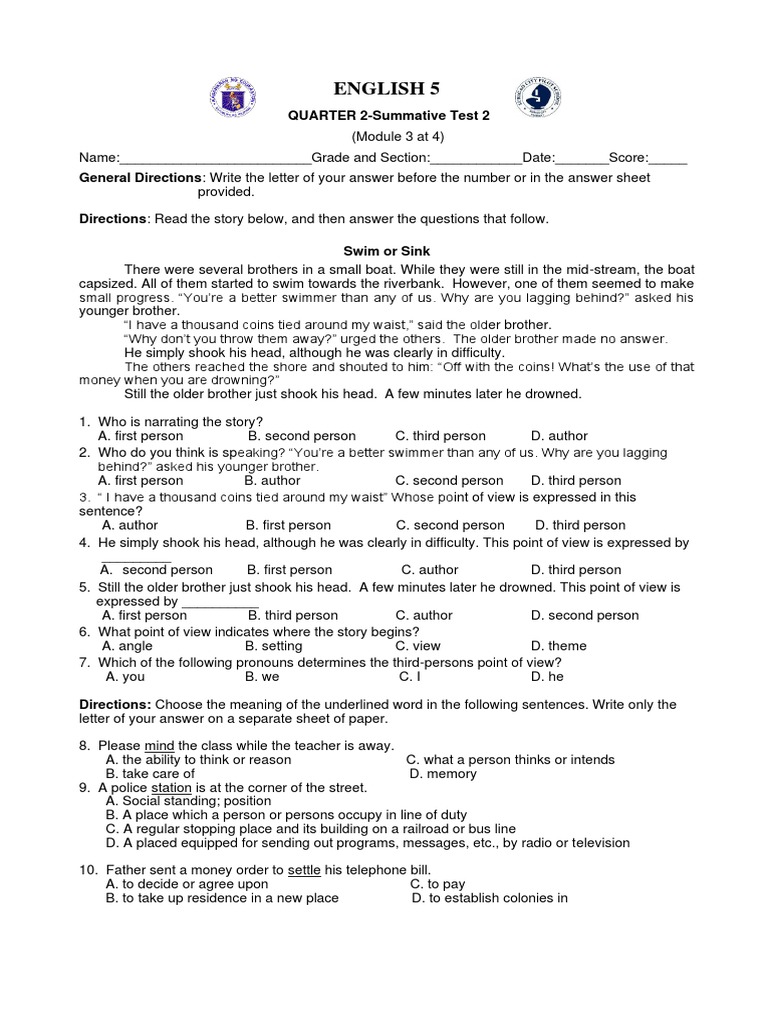 English 5 Quarter 2 Summative Test | PDF