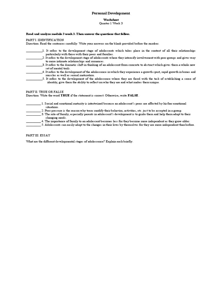 Worksheet Personal Dev't Week 3 | PDF | Self-Improvement