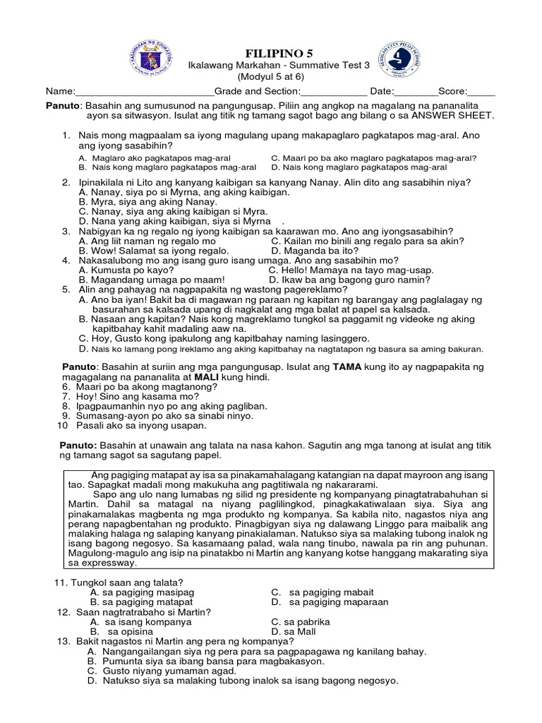 Q2 Filipino Summative Test 3 | PDF