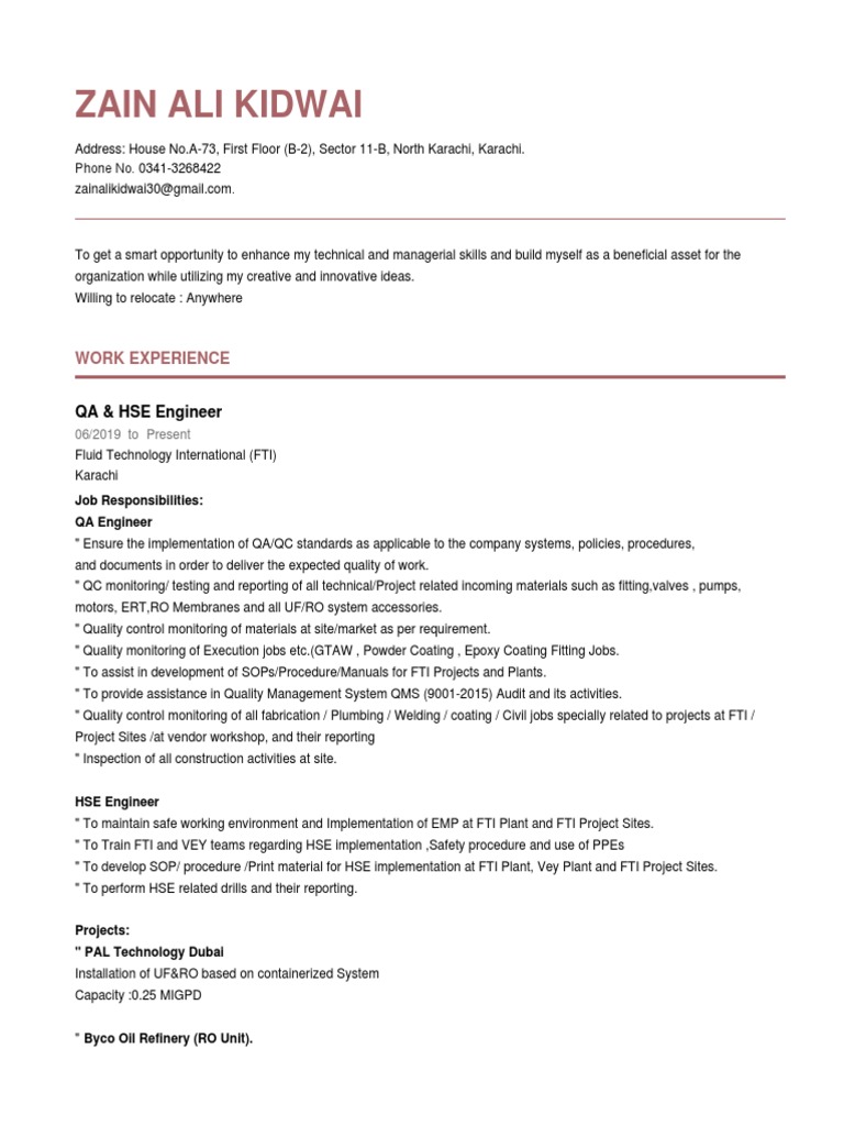 A Comprehensive Resume for Zain Ali Kidwai Seeking a Role Utilizing His Technical, Quality ...