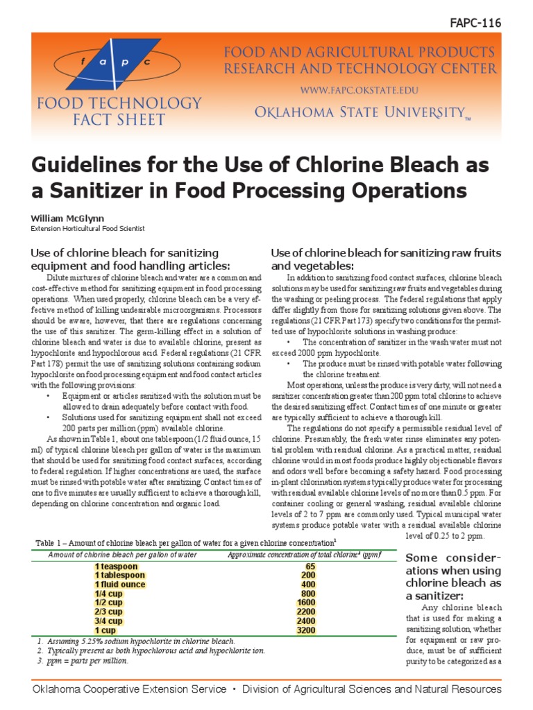 Guidelines For The Use of Chlorine Bleach As A Sanitizer in Food ...