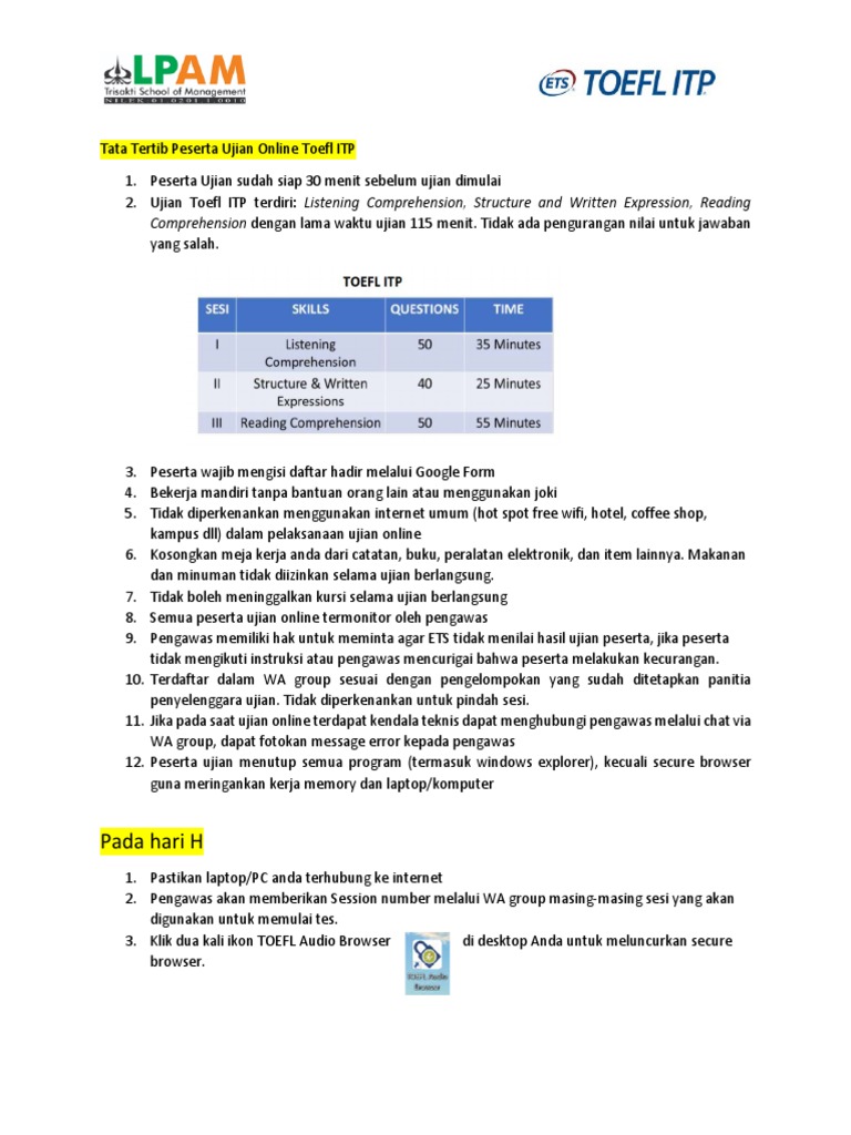 Tata Tertib Peserta Ujian Online Toefl ITP | PDF