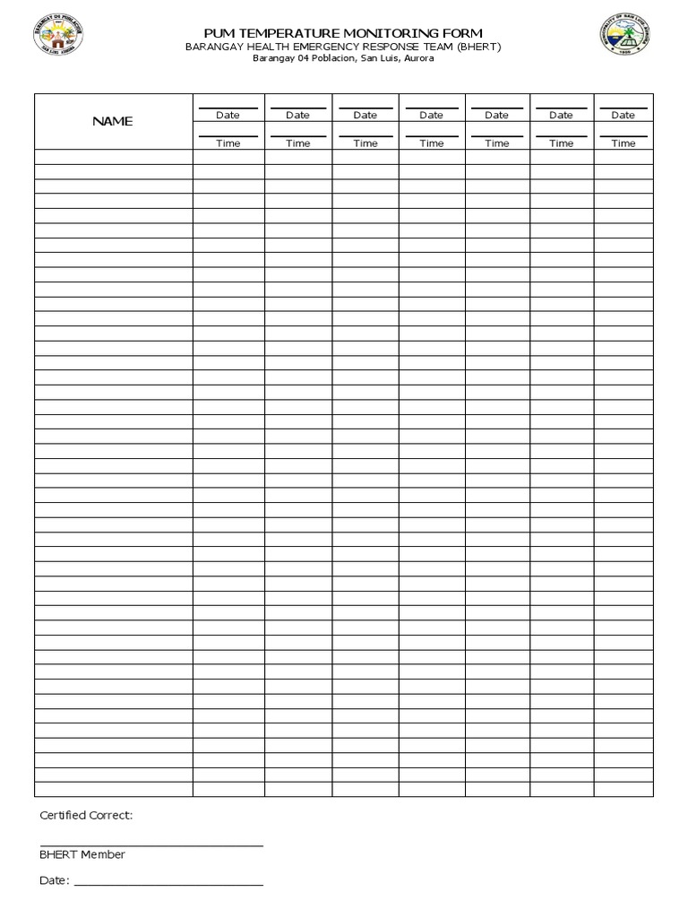 Pum Temperature Monitoring Form: Barangay Health Emergency Response ...