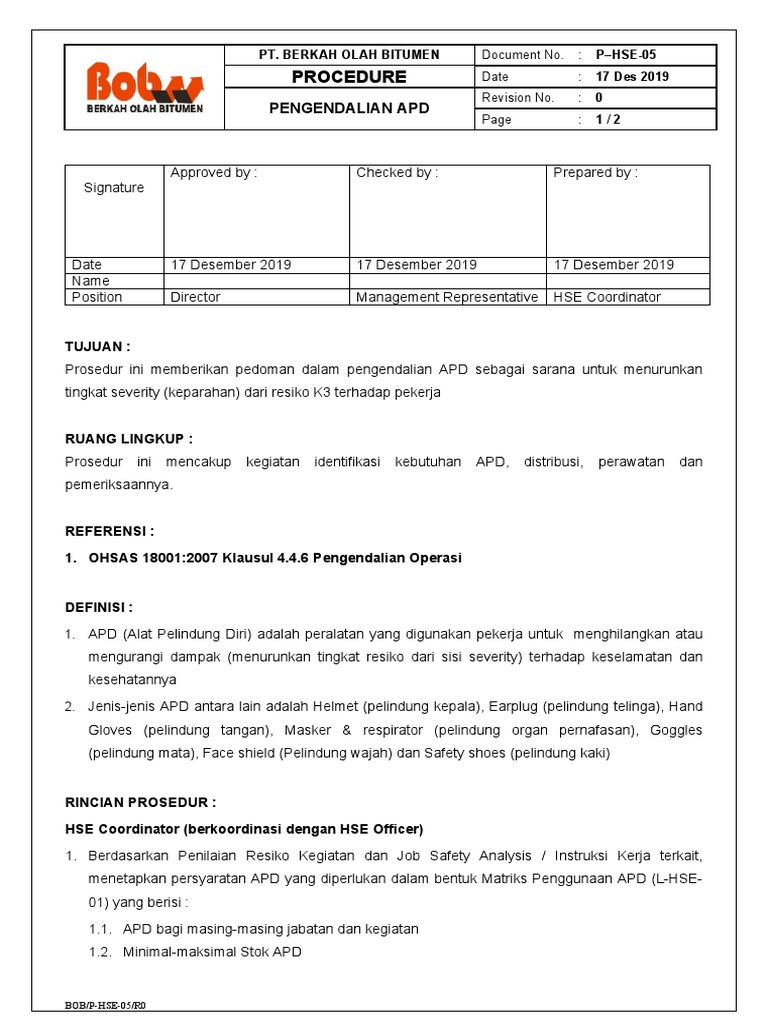 P-HSE-05 Prosedur Pengendalian APD | PDF