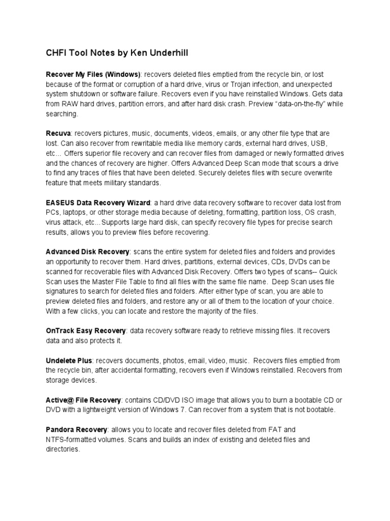 Chfi Tool Notes By Ken Underhill Recover My Files Windows Pdf Computer File Hard Disk Drive