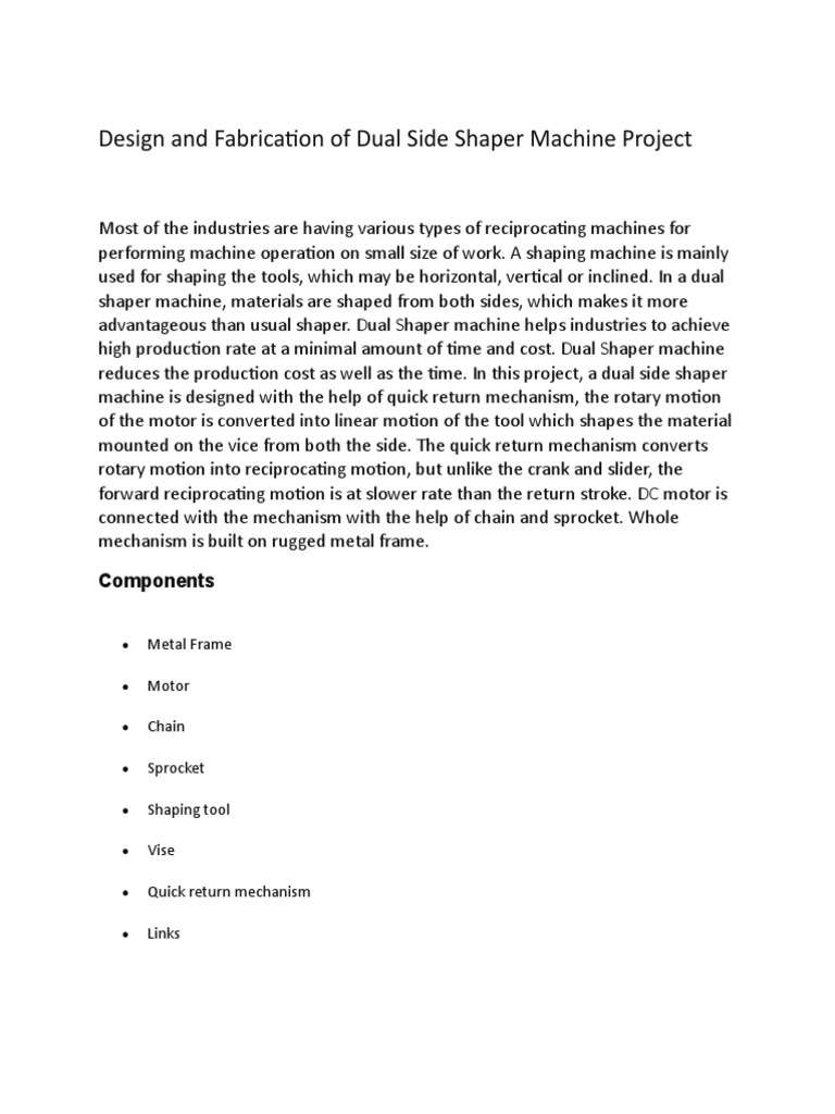Design and Fabrication of Dual Side Shaper Machine Project: Components ...