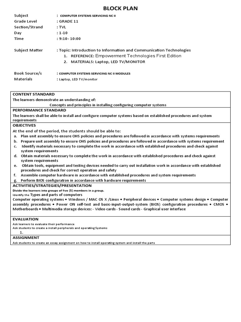 Lesson-Plan-Outline-Css Grade 11-Day 1 | PDF | Bios | Operating System