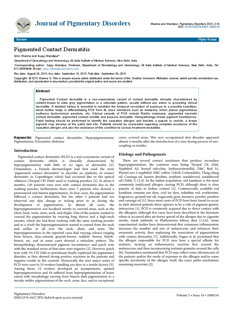 Pigmented Contact Dermatitis 2376 0427 1000214 | PDF | Dermatitis ...