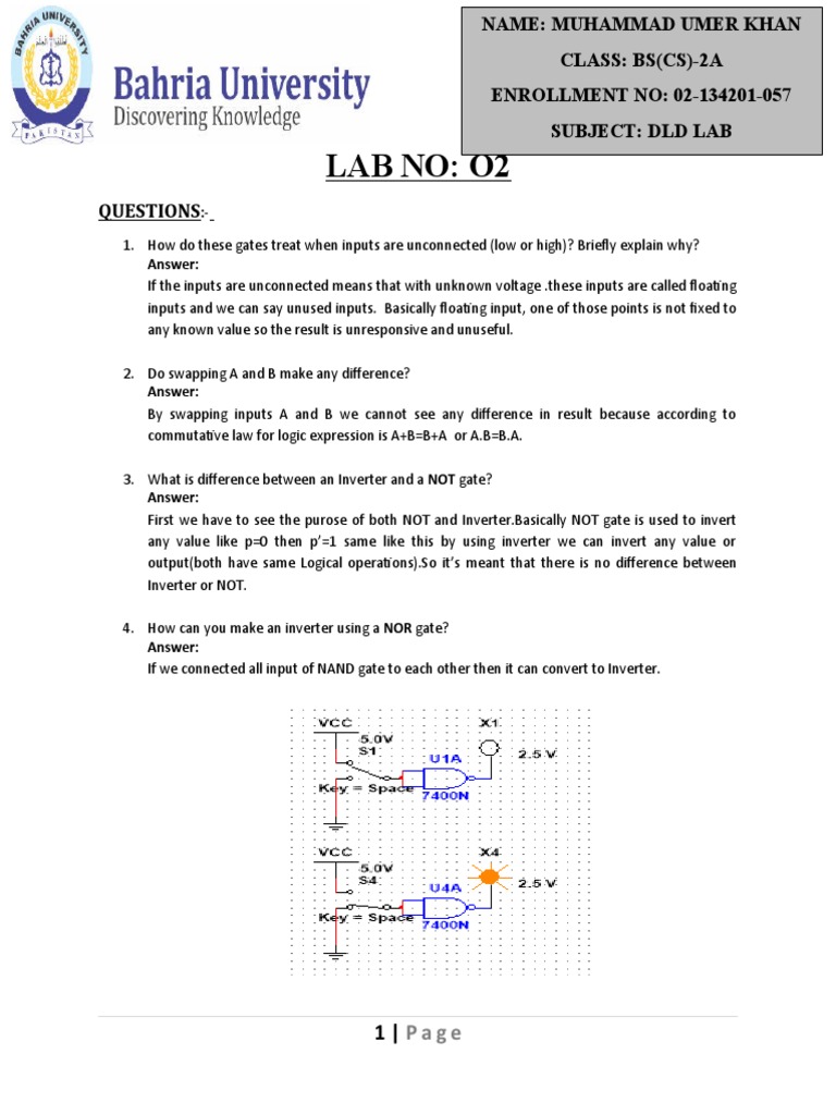 DLD Lab Assignment No 1 Bscs-2a 057 | PDF | Electronic Design | Electronic Circuits