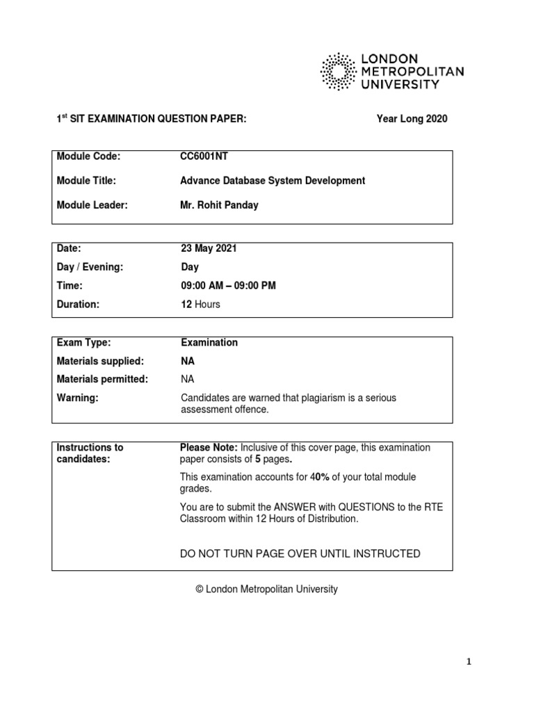 CC6001NT Advanced Database System Development Exam QP | PDF | Test ...
