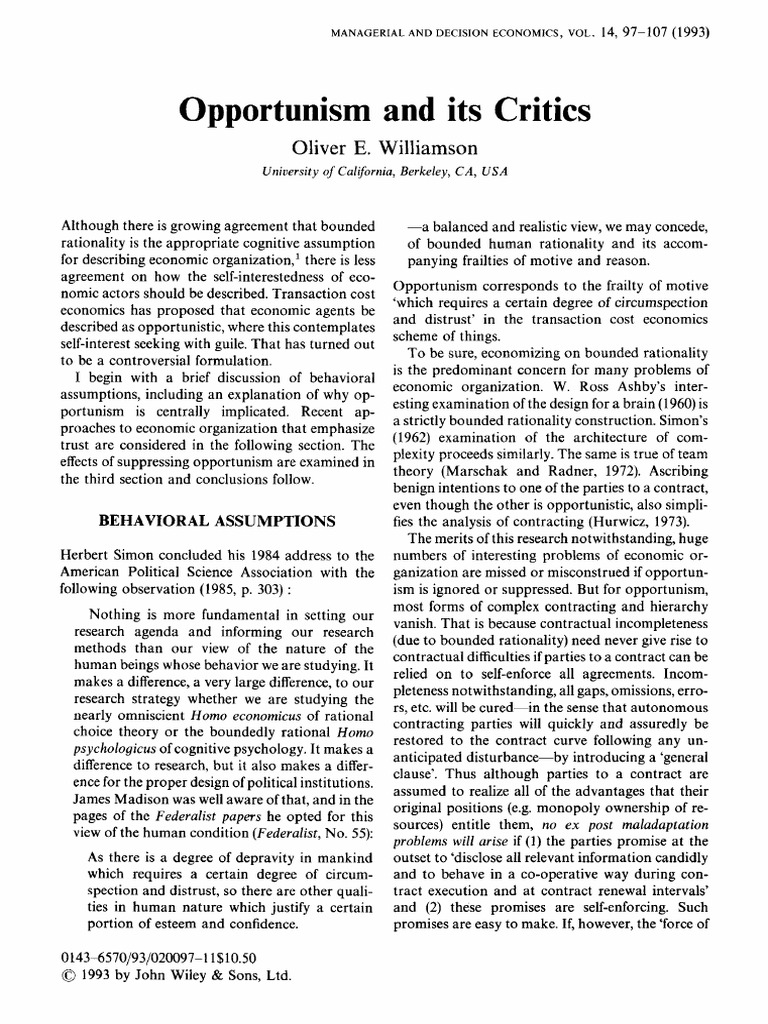 Opportunism and Its Critics: Oliver E. Williamson | PDF | Rationality ...