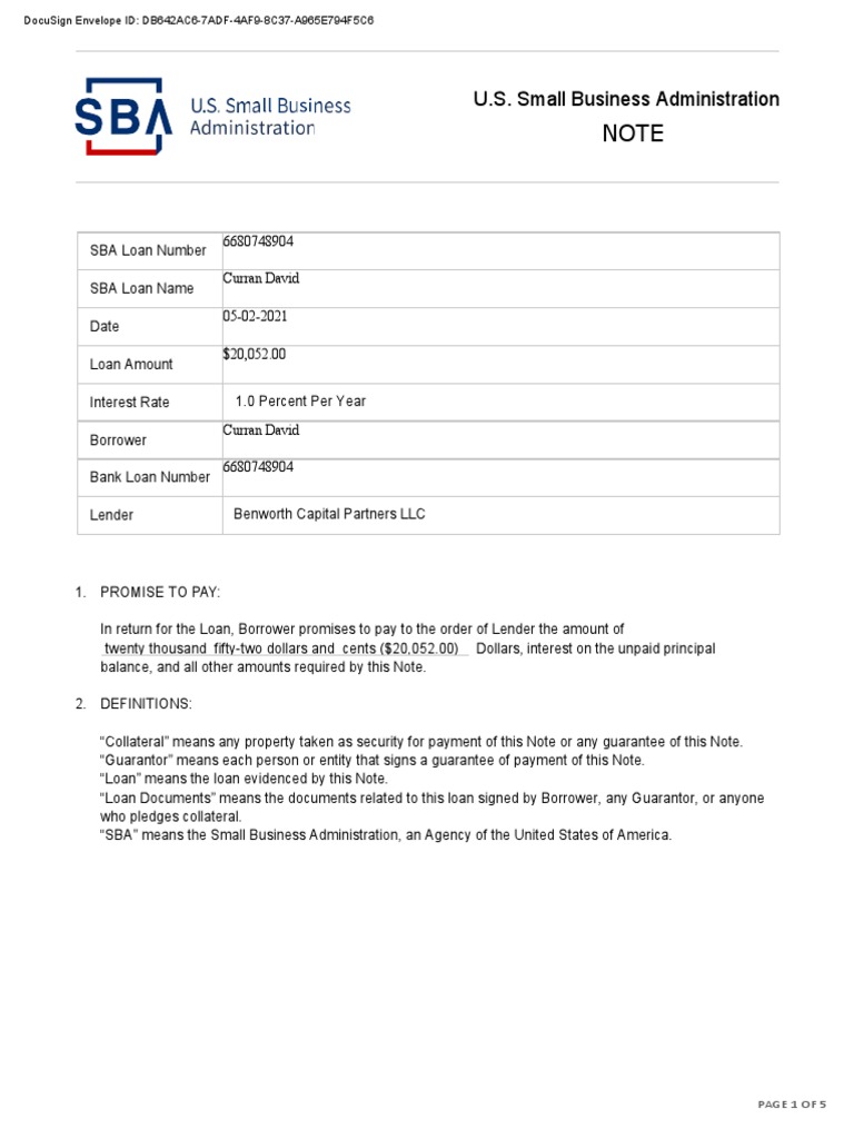 Standard SBA Loan Note for $20,052 between Curran David as Borrower and ...