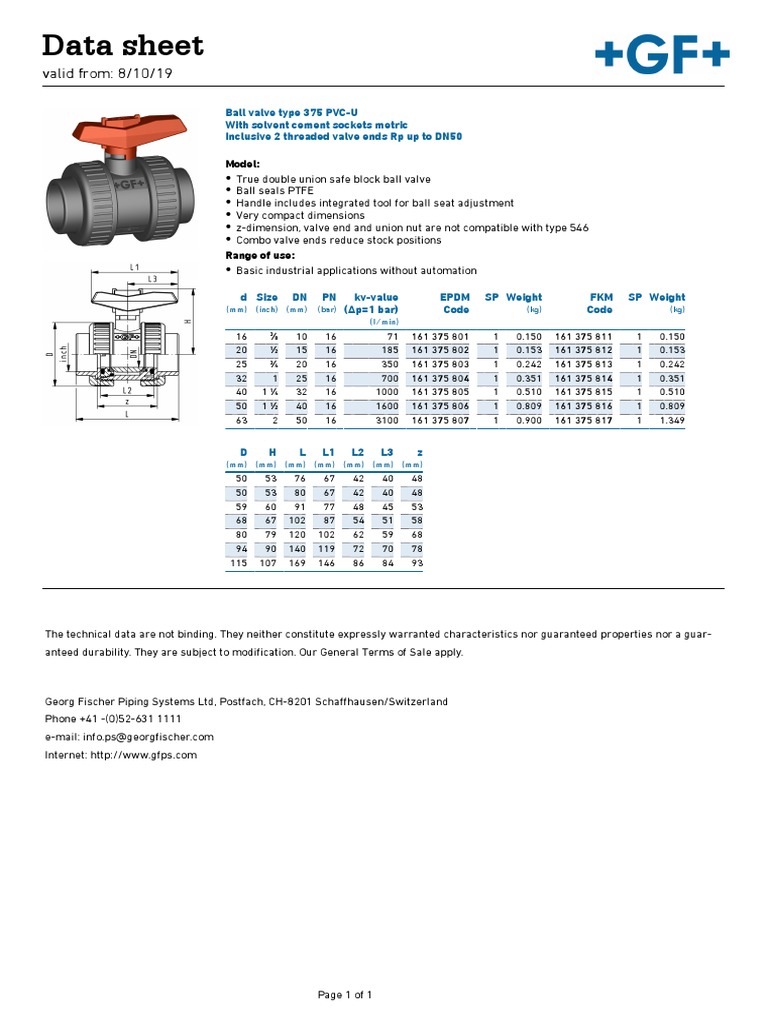 Ball Valve Datasheet GF - UPVC | PDF | Valve | Mechanical Engineering