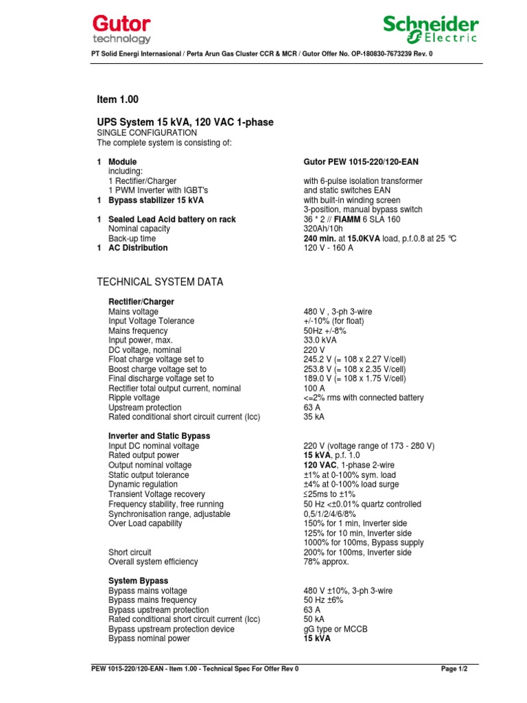 Item 1.00 UPS System 15 kVA, 120 VAC 1-Phase: Gutor PEW 1015-220/120 ...